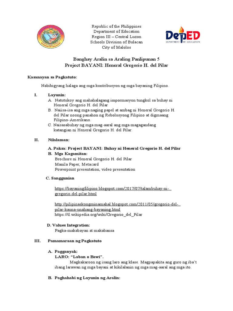 Grade 5 Project Bayani DLP Goyo Very New | PDF