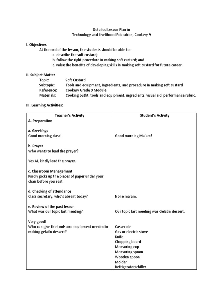 Detailed Lesson Plan in Cookery | Download Free PDF | Custard | Foods