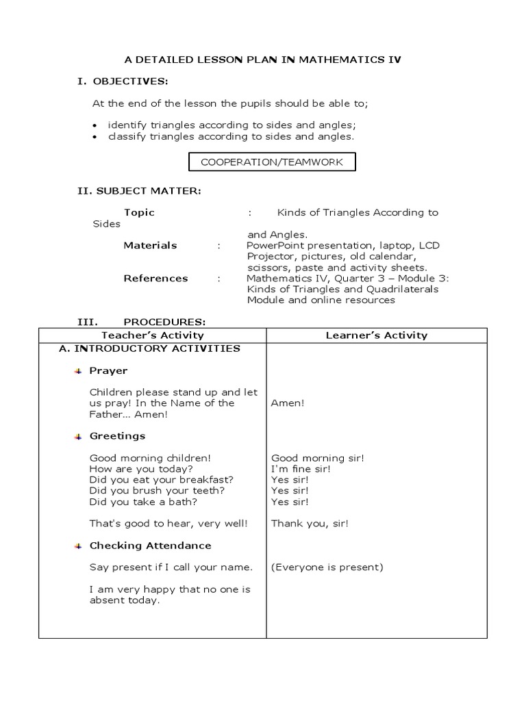 A Detailed Lesson Plan in Mathematics Iv | PDF | Triangle | Euclid