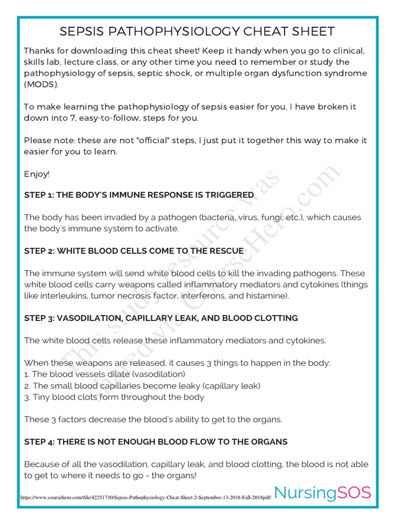 Sepsis Pathophysiology Cheat Sheet 2 September 13 2018 Fall 2018 PDF ...