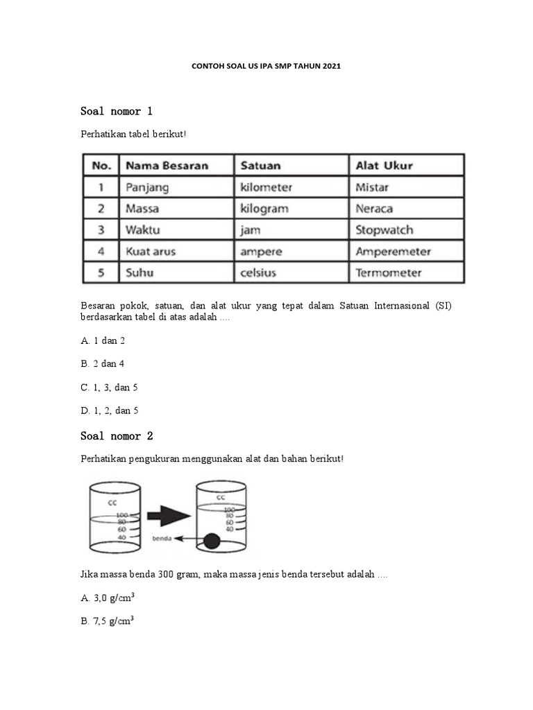 Contoh Soal Us Ipa SMP Tahun 2021 | PDF