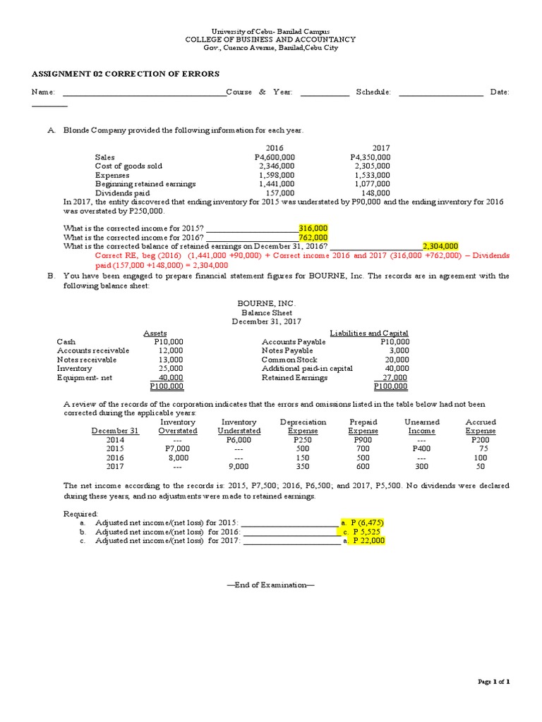 Assignment 02 Correction of Errors Answer Key | PDF | Retained Earnings ...