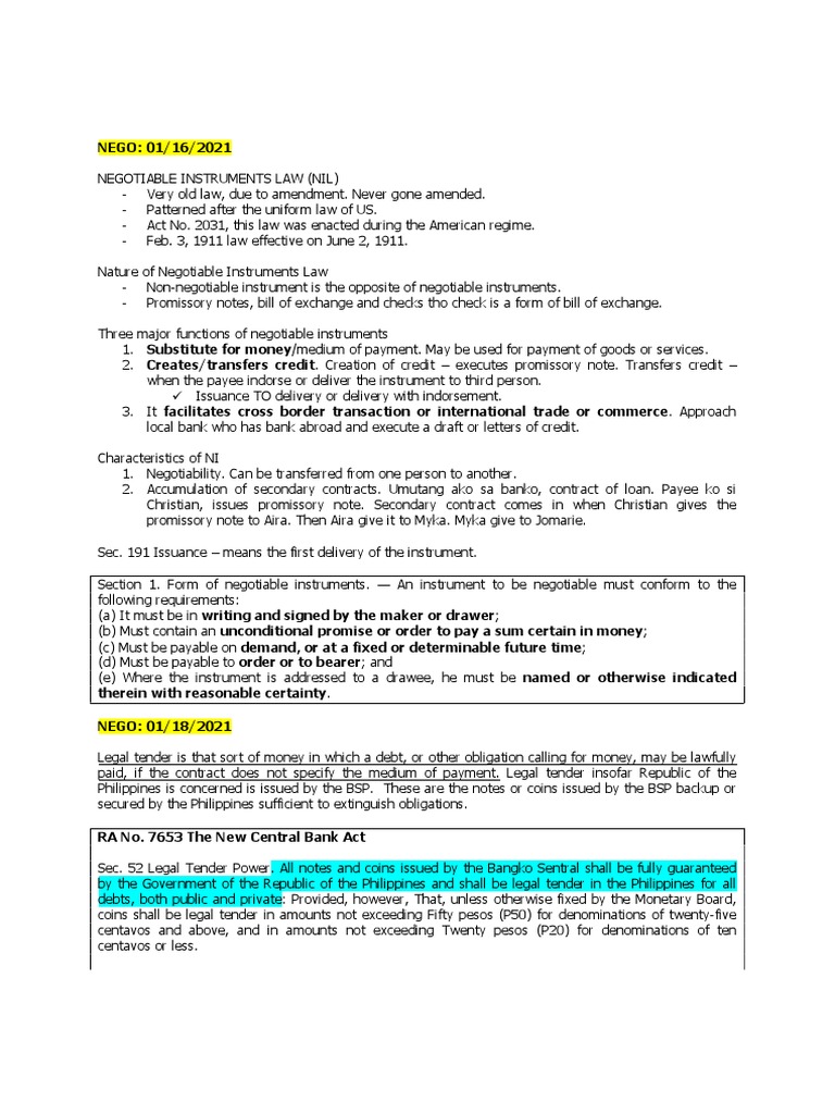 Nego Lecture Notes | PDF | Negotiable Instrument | Promissory Note