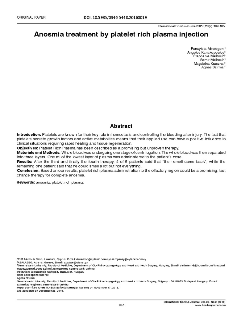 Anosmia Treatment by Platelet Rich Plasma Injection | PDF | Platelet ...