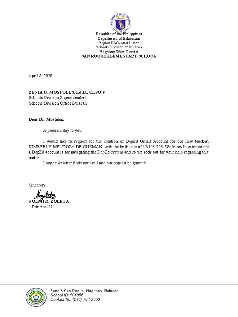 Request Letter For DepEd Gmail Account Creation | PDF