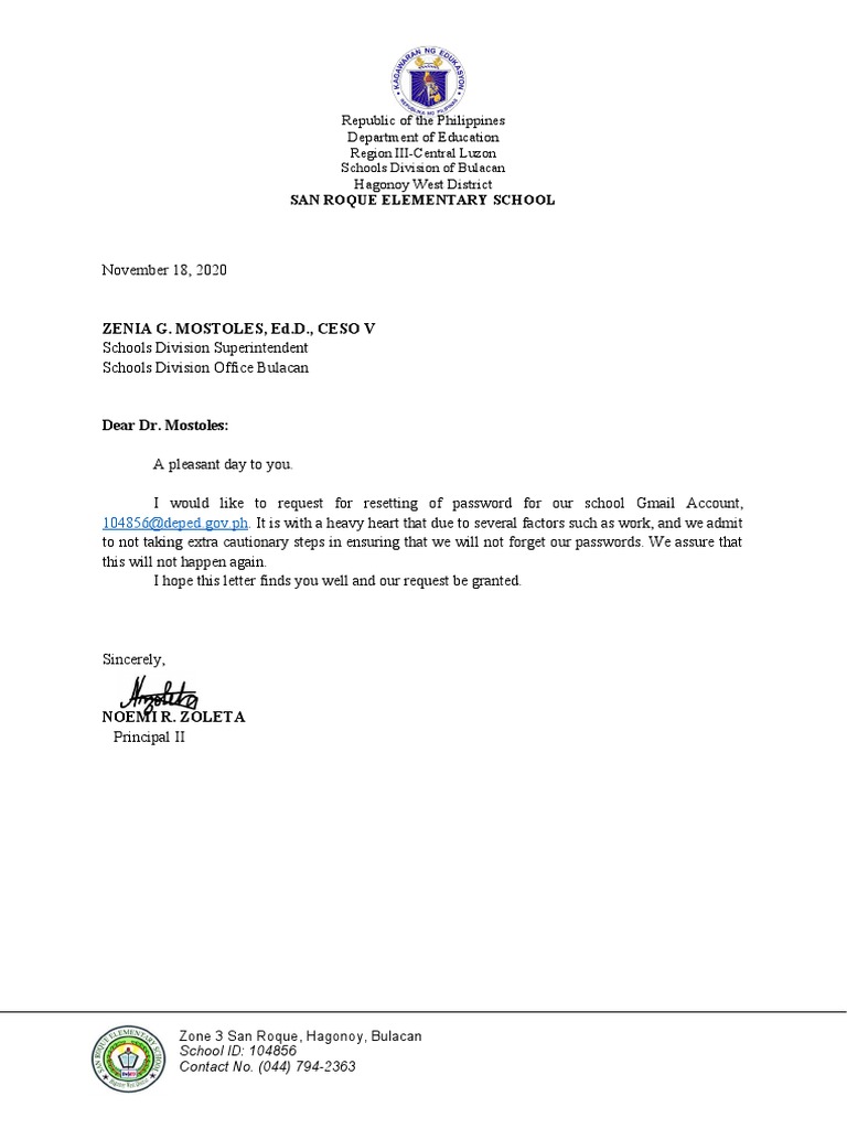 Request Letter For School DepEd Account Reset | PDF