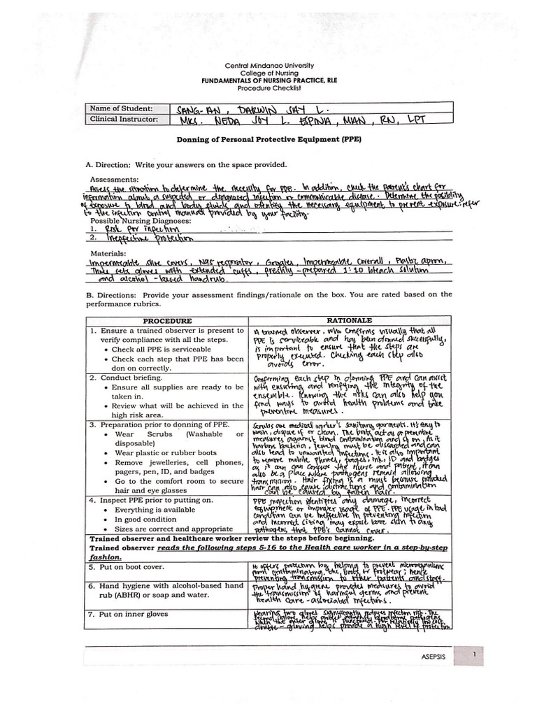 Donning of Personal Protective Equipment Procedure Checklist - Darwin ...