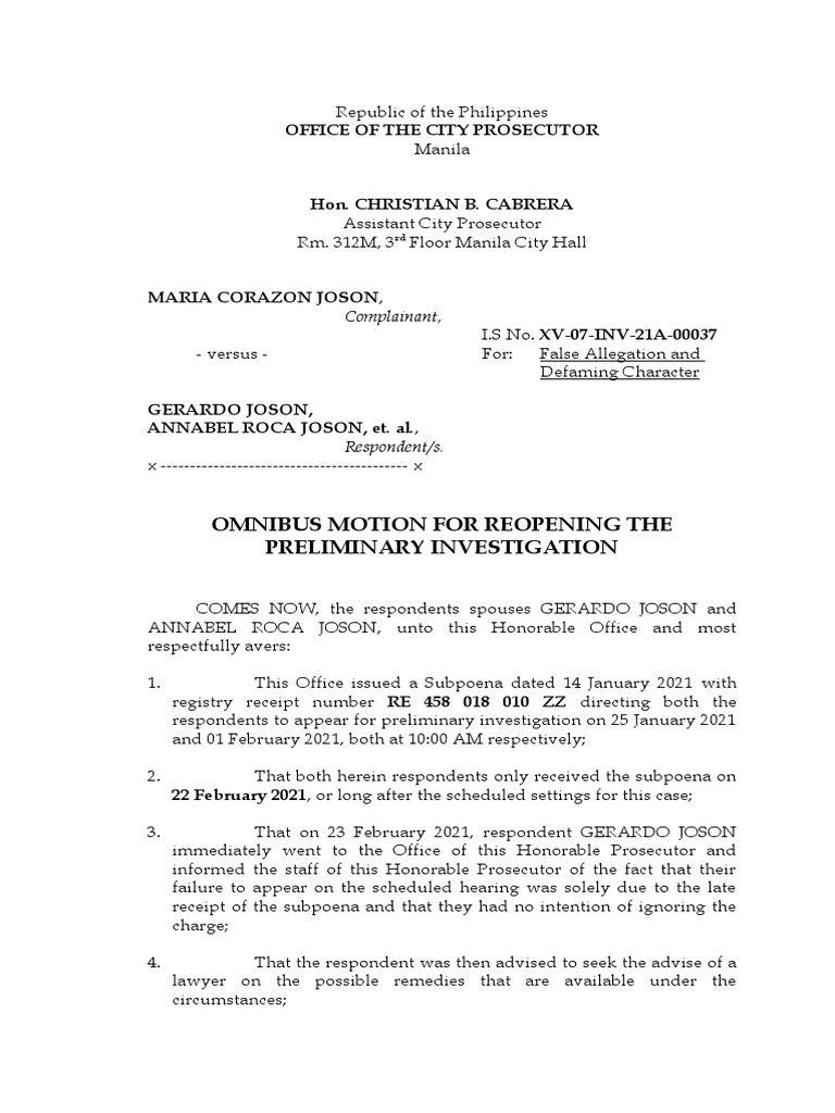 Motion To Reopen Preliminary Investigation | PDF | Judiciaries | Crime ...