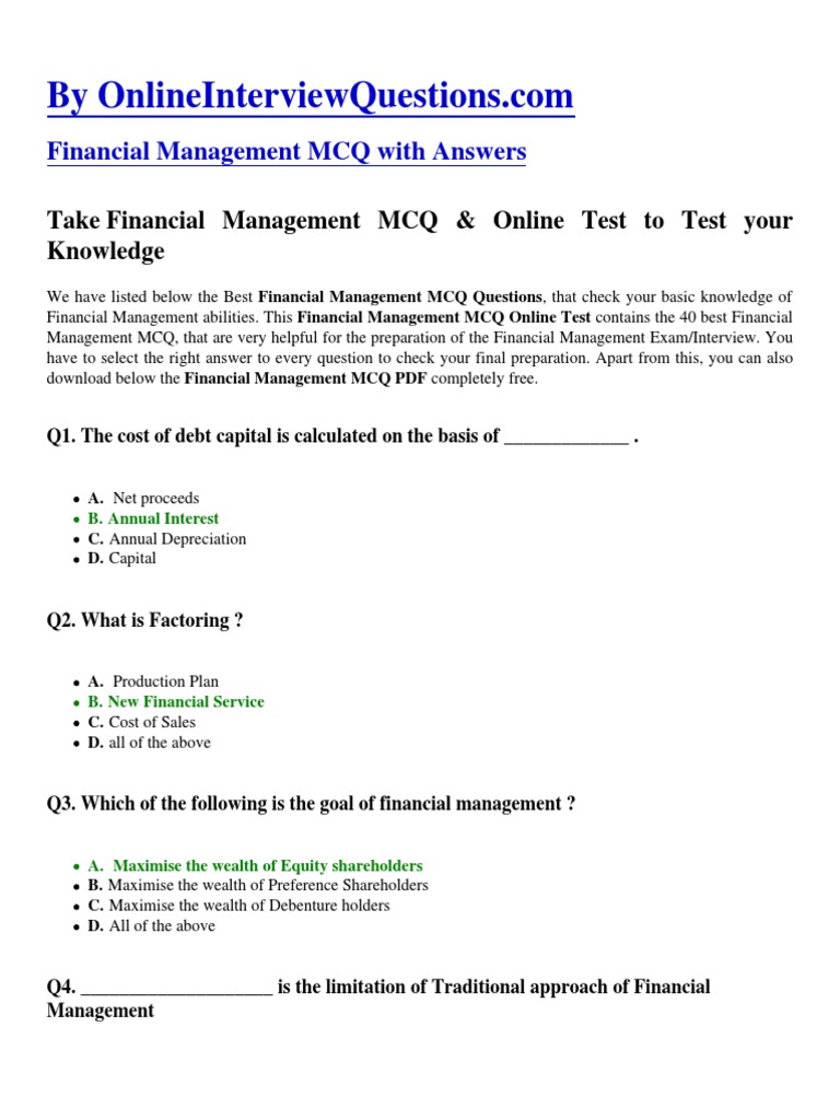 A Comprehensive Collection of Financial Management Multiple Choice ...