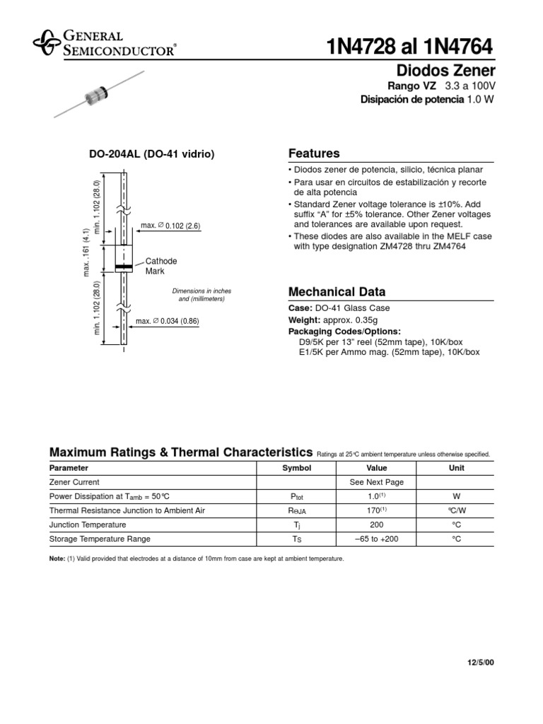 1N4728 to 1N4757 Zener Diode Specifications | PDF | Diode | Electrical ...