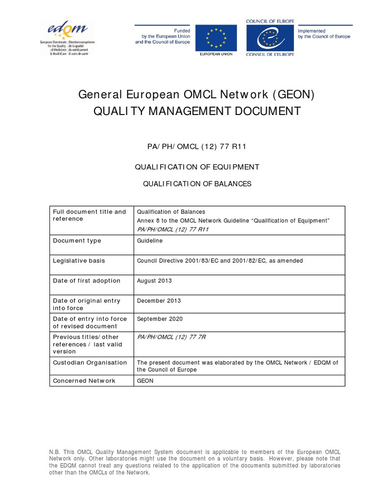 EDQM Qualification of Balances | PDF | Calibration | Metrology