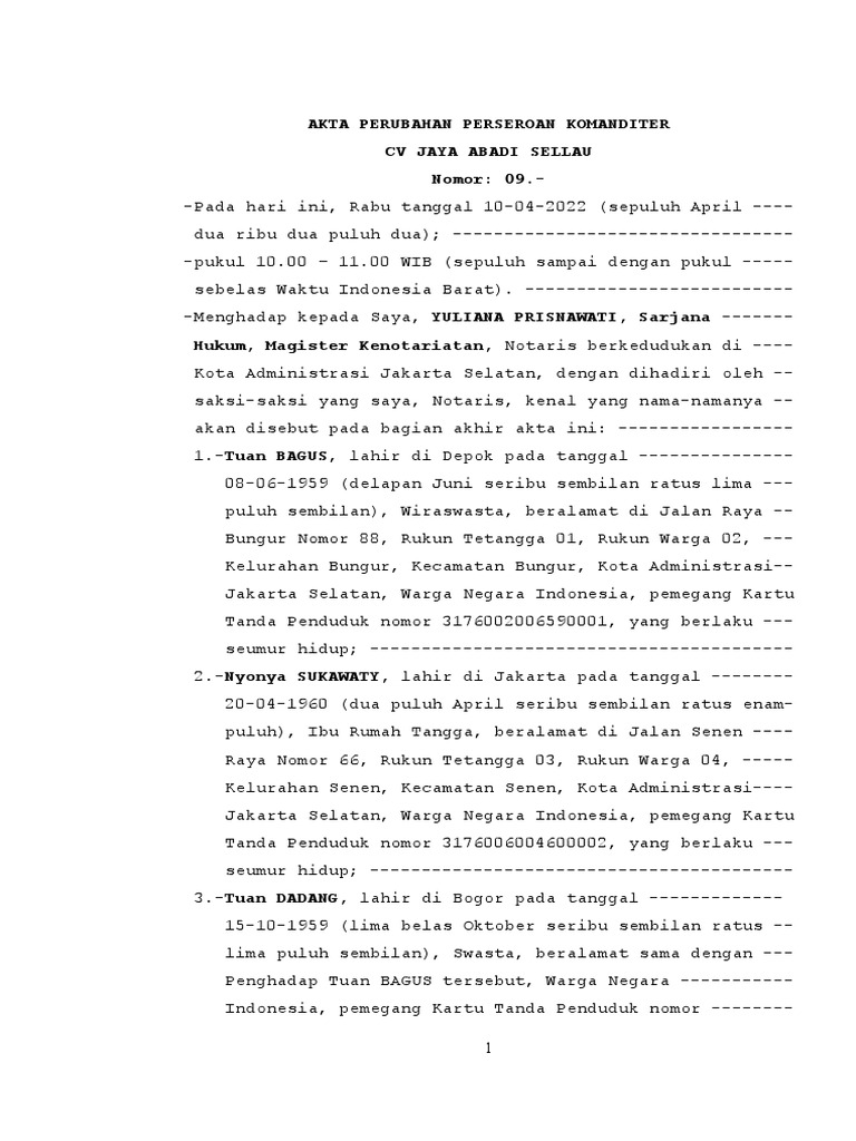 Akta Perubahan Perseroan Komanditer PDF | PDF