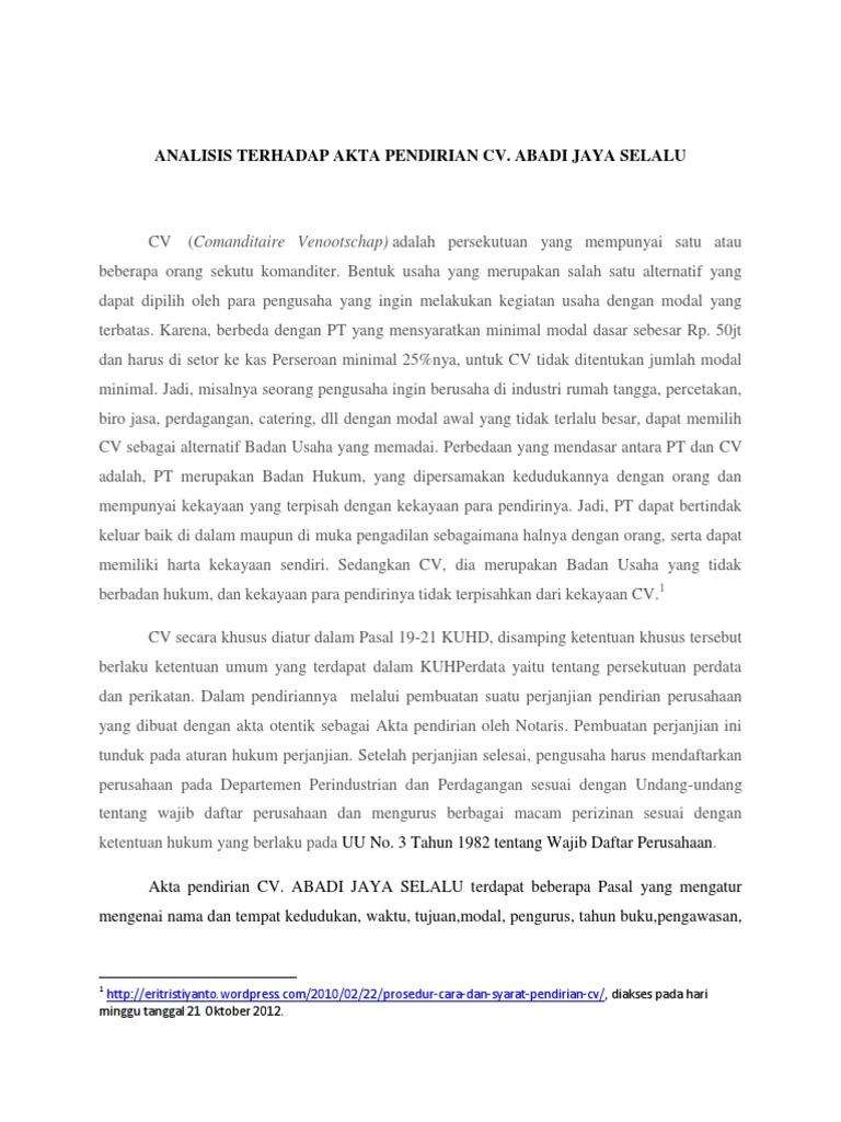 Analisis Akta CV Abadi Jaya Sellau | PDF