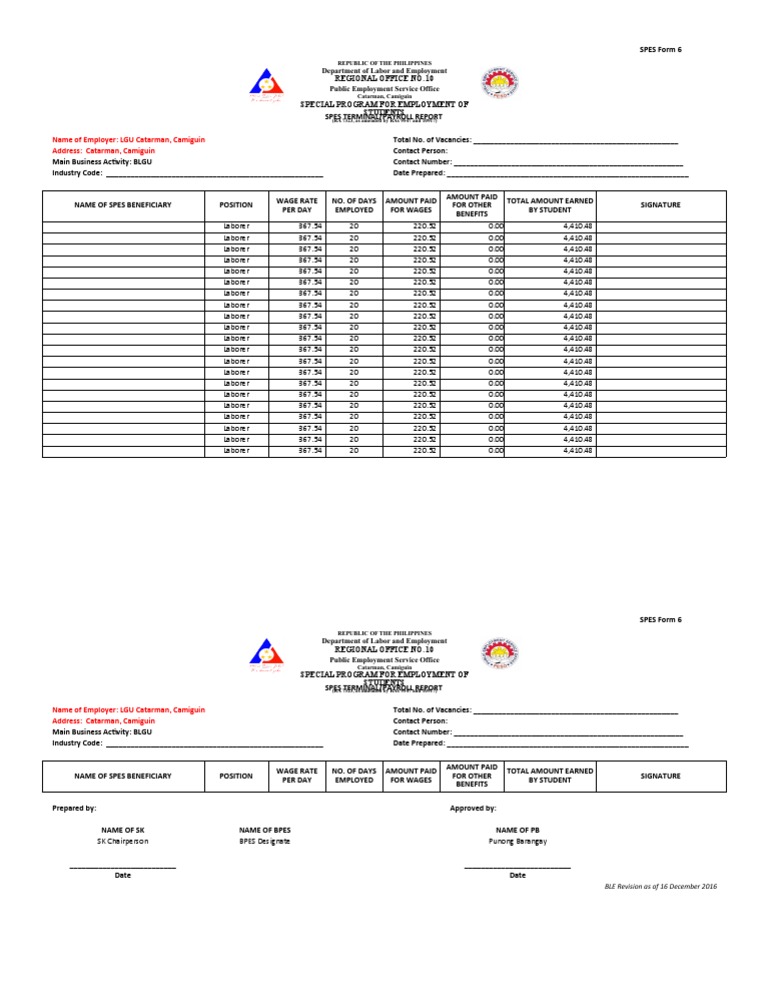 SPES FORM 6 TERMINAL - PAYROLLDec2016 | PDF | Payroll | Employment