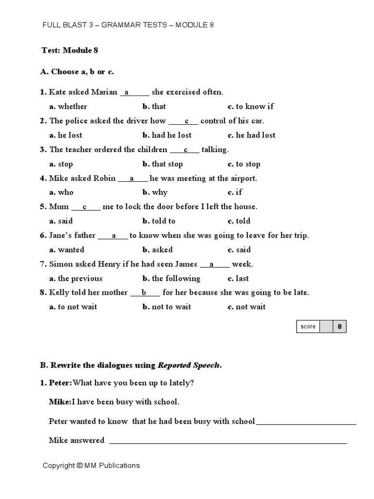 She Exercised Often.: Full Blast 3 - Grammar Tests - Module 8 | PDF