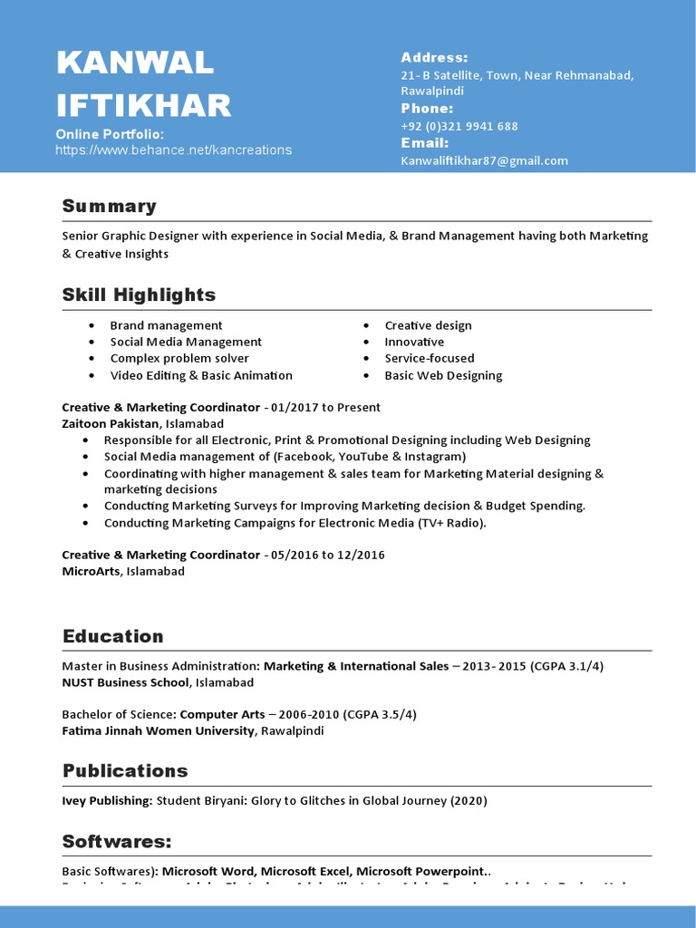 Kanwal Iftikhar Resume 2021 | PDF | Business | Art