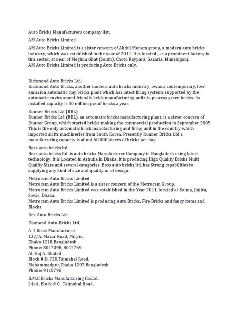 Auto Bricks Manufacturers Company List | PDF | Brick | Bangladesh