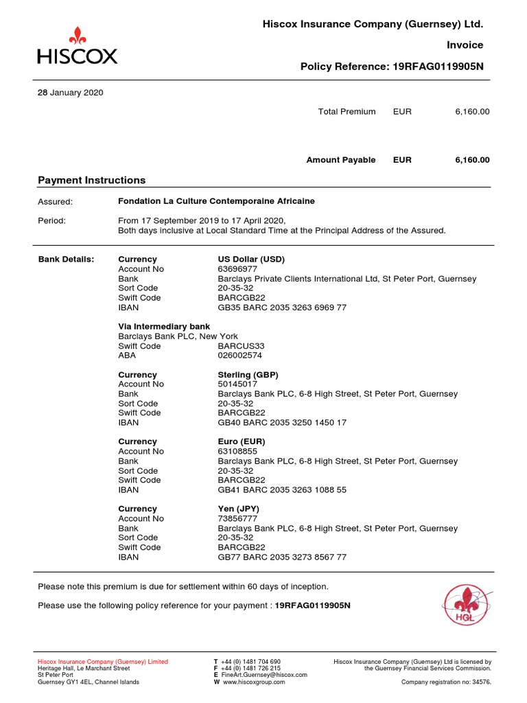 Hiscox Guernsey Insurance Invoice Details | PDF | Euro | Banks
