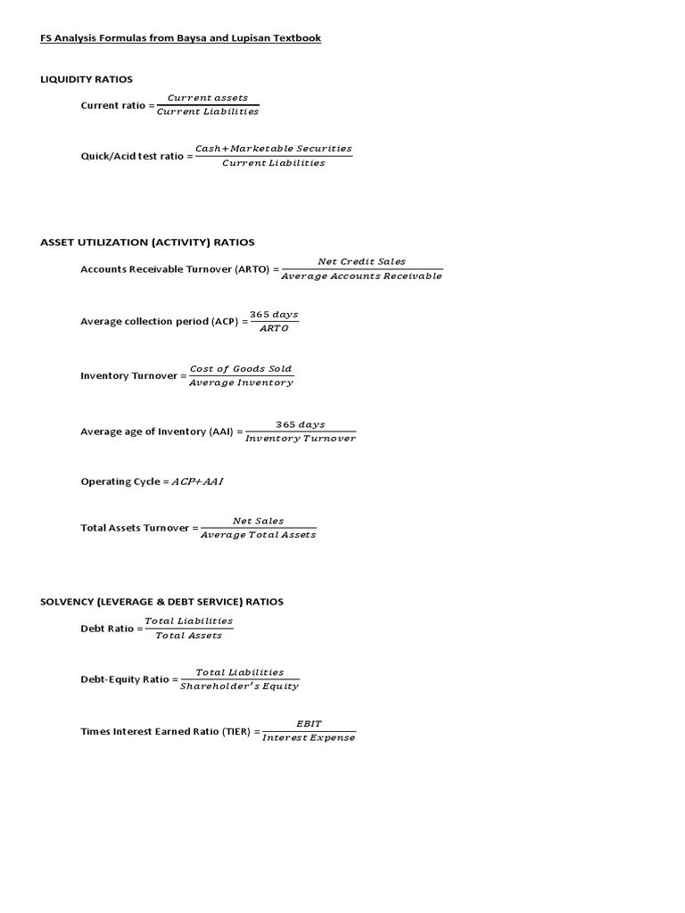 FS Analysis Formulas | PDF | Dividend | Price–Earnings Ratio