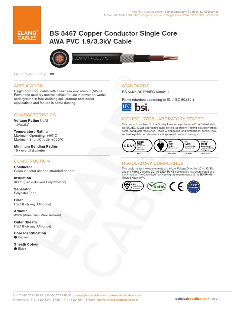 BS5467 Copper Conductor Single Core 1.9-3.3 KV | PDF | Electrical ...
