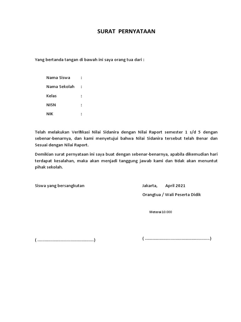 Surat Pernyataan Keabsahan Nilai Sidanira | PDF