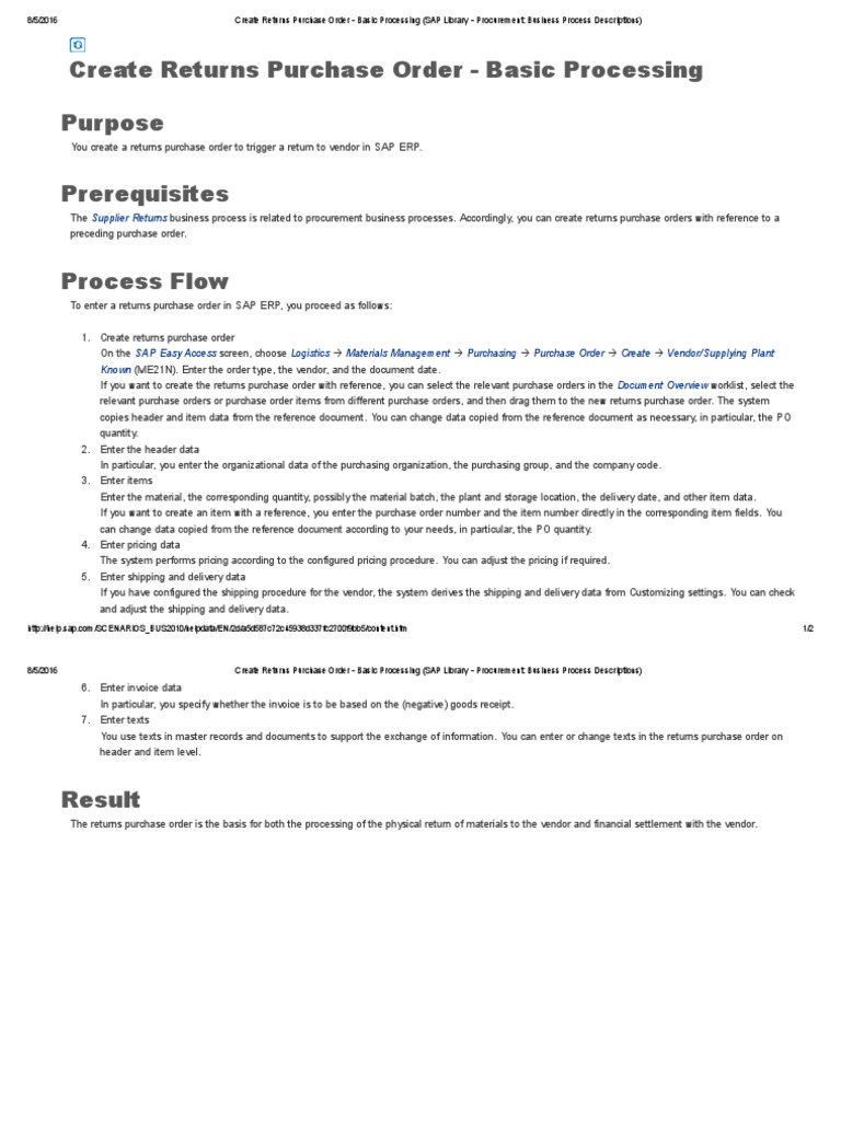 SAP Returns Purchase Order Guide | PDF | Invoice | Business Process