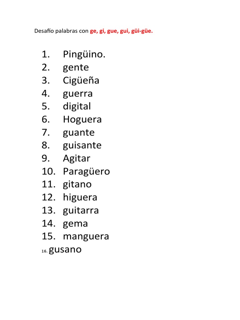 Desafío Lector Palabras Ge, Gi, Gui, Gue | PDF