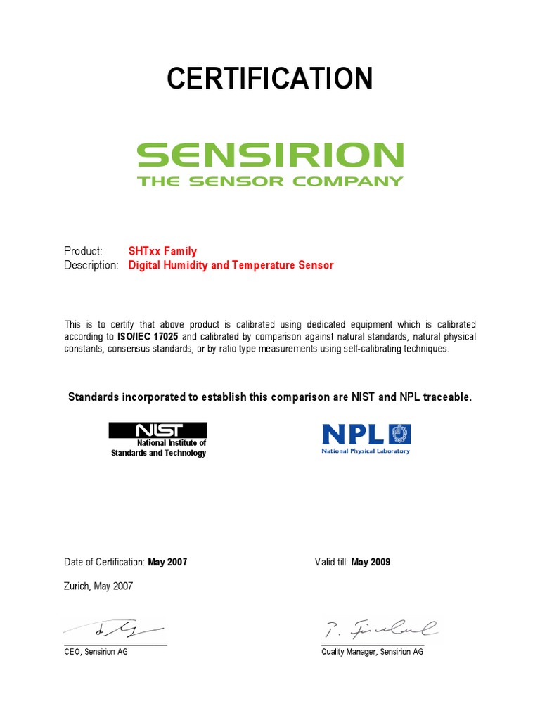 Calibration Certificate Humidity SHTXX E | PDF