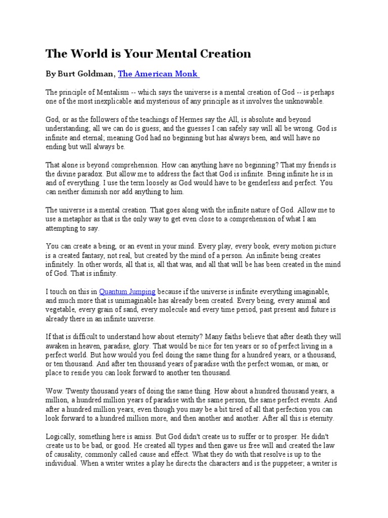 The World Is Your Mental Creation: by Burt Goldman | PDF | God | Infinity