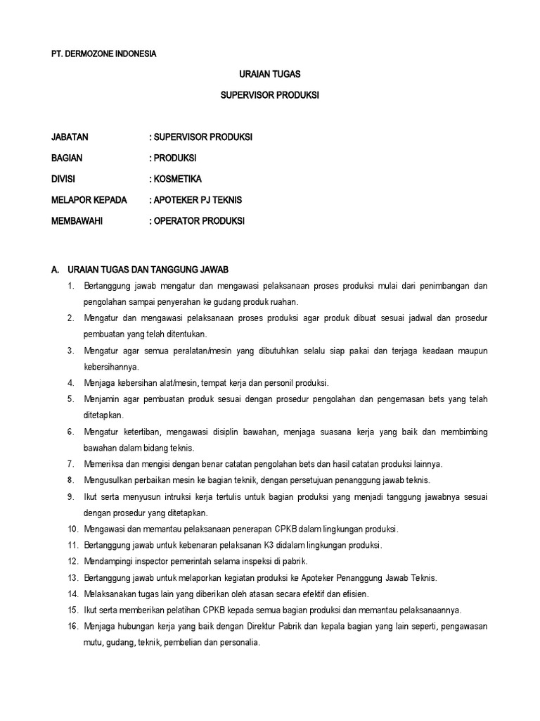 Uraian Tugas SPV Produksi | PDF | Bisnis | Komputer