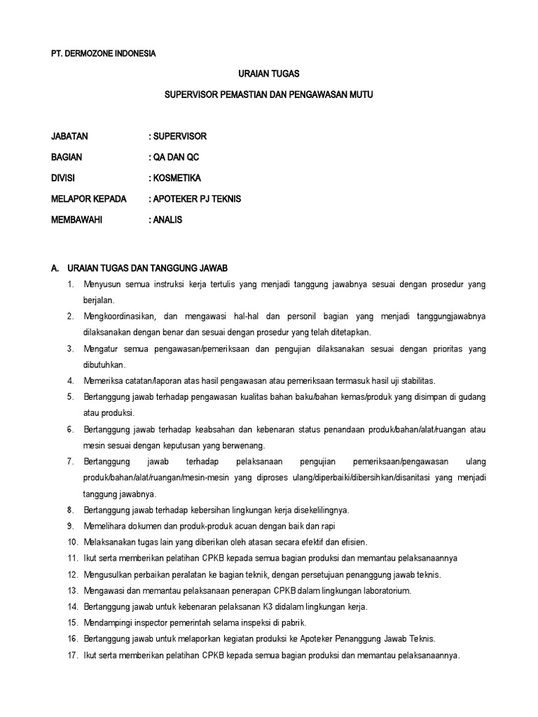 Uraian Tugas SPV QAdan QC | PDF | Bisnis | Komputer