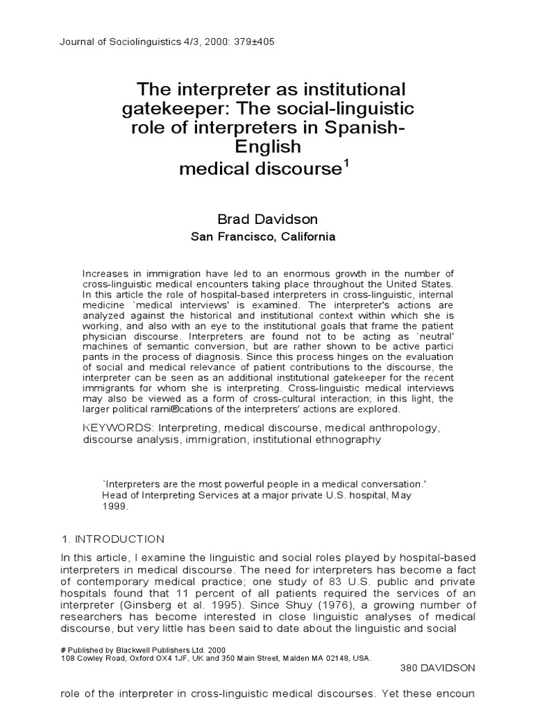 The Interpreter As Institutional Gatekeeper: The Social-Linguistic Role ...