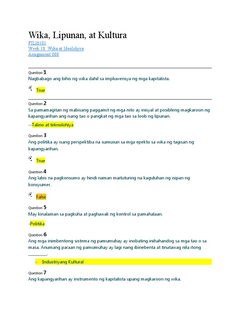 Wika Lipunan at Kultura Assignment 008 | PDF