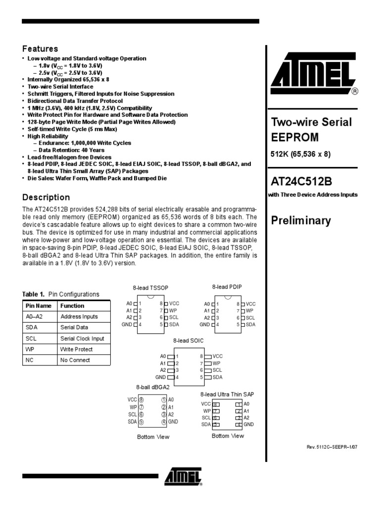 Two-Wire Serial Eeprom: Features | PDF | Microcontroller | Integrated Circuit