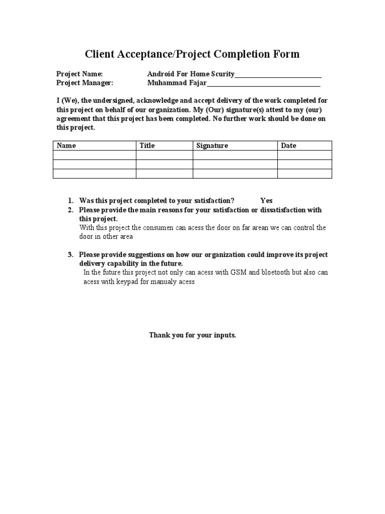 Client Acceptance/Project Completion Form | PDF