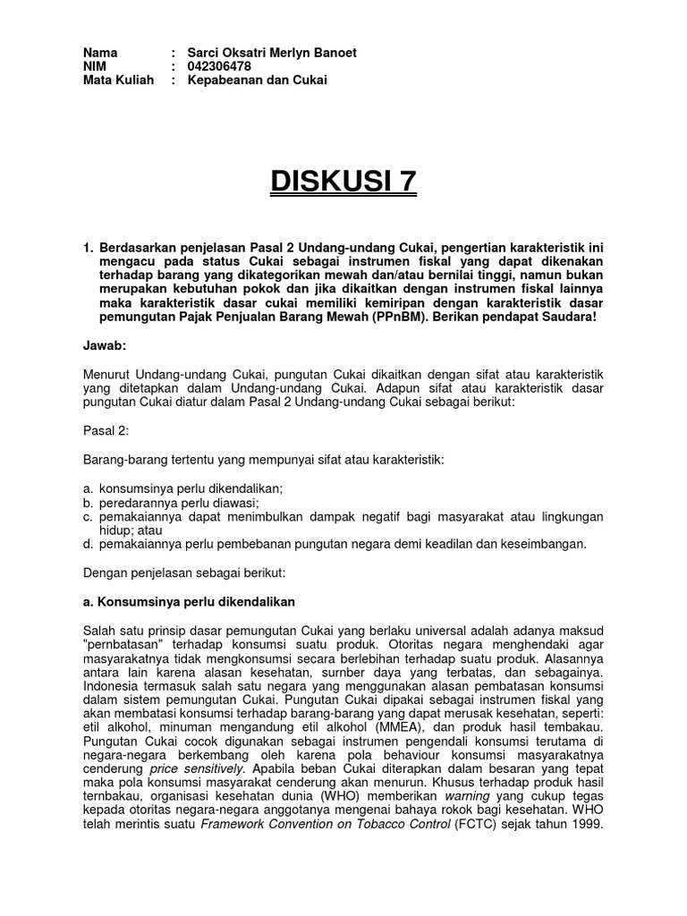 Diskusi 7 Kepabeanan Dan Cukai - Sarci Oksatri Merlyn Banoet 042306478 | PDF | Pengelolaan ...