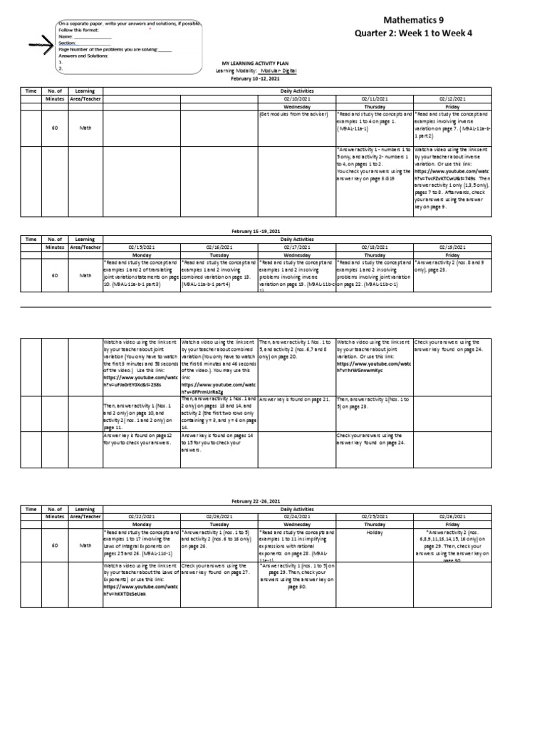 Learning-Plan - Q2 WK 1 To wk4 | PDF | Teaching Mathematics