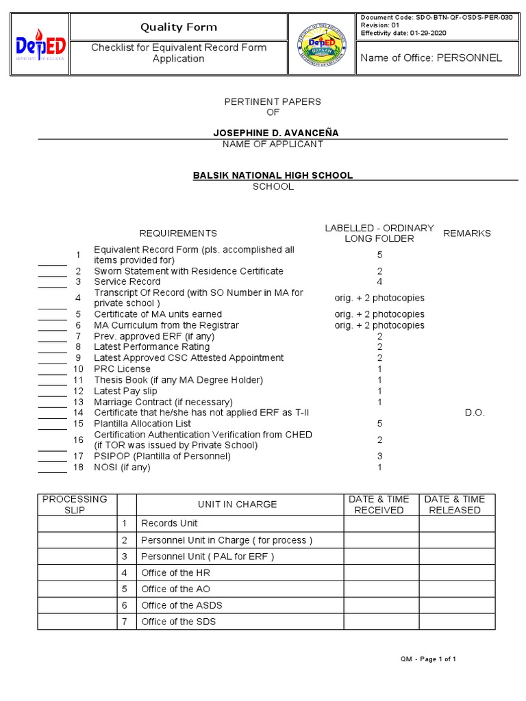 Checklist For Equivalent Record Form Application Name of Office ...