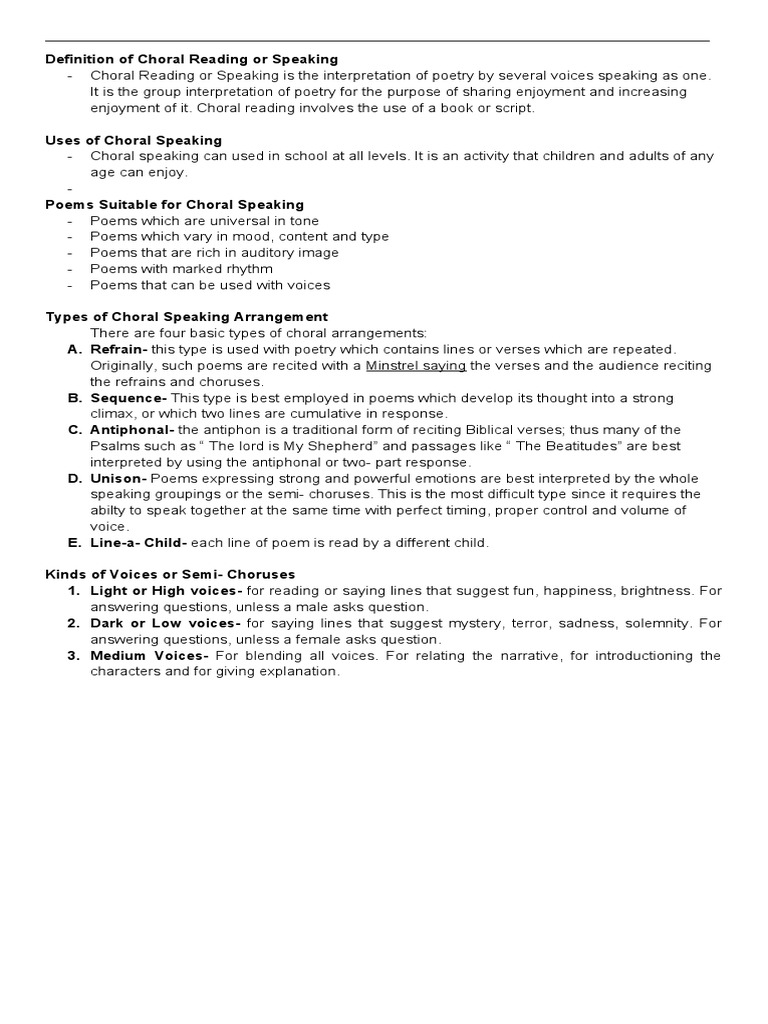 Definition of Choral Reading or Speaking | PDF