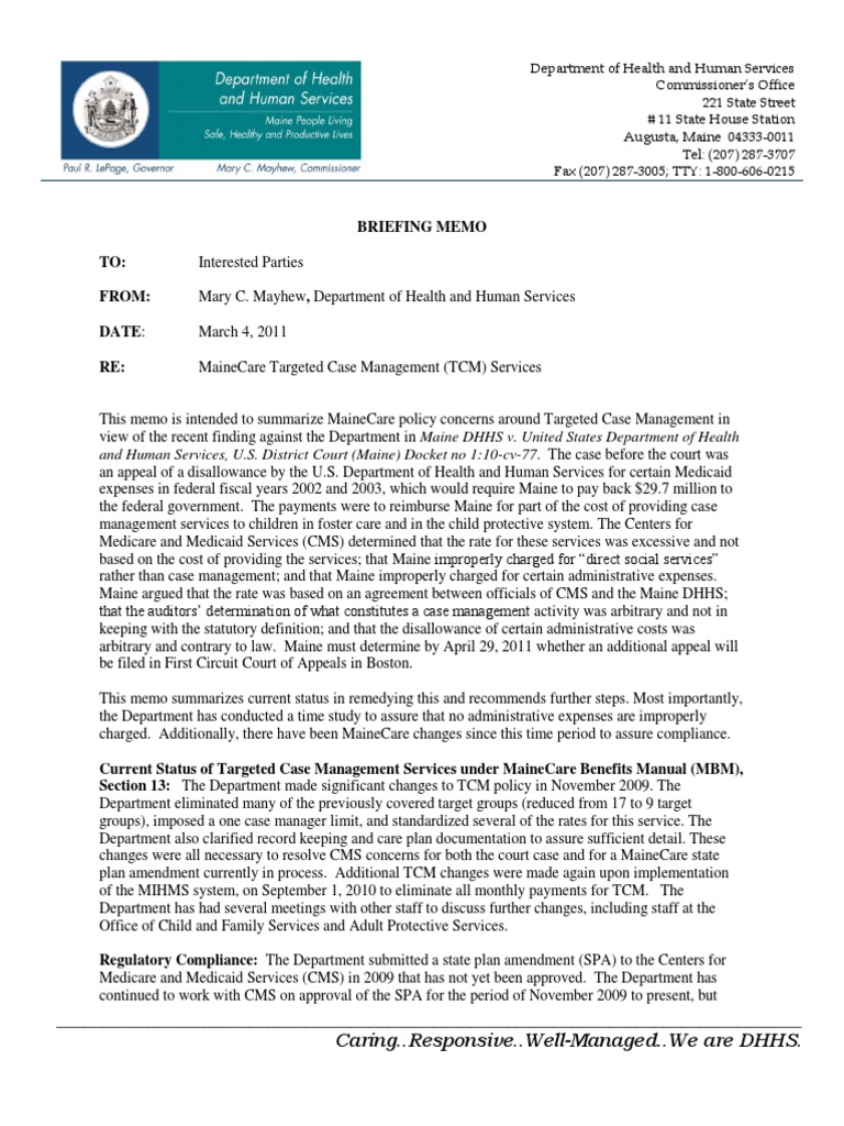 Briefing Memo On Maine Targeted Case Management Appeal To Federal ...