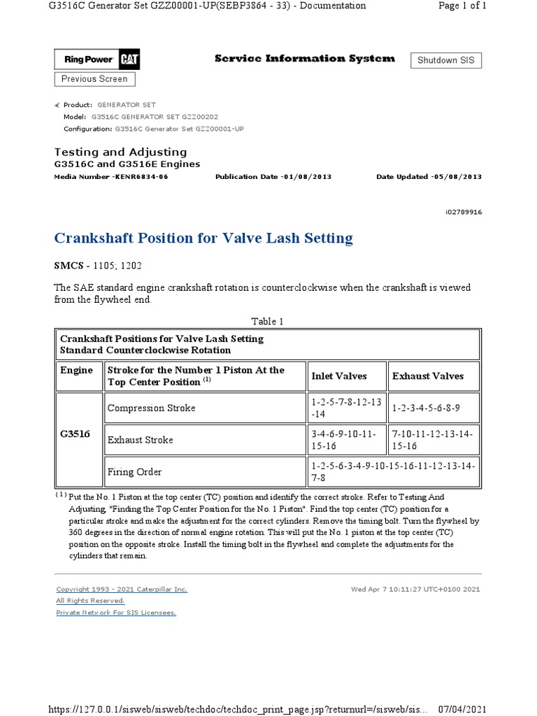Crankshaft Position For Valve Lash Adjustment | PDF | Piston | Systems Engineering