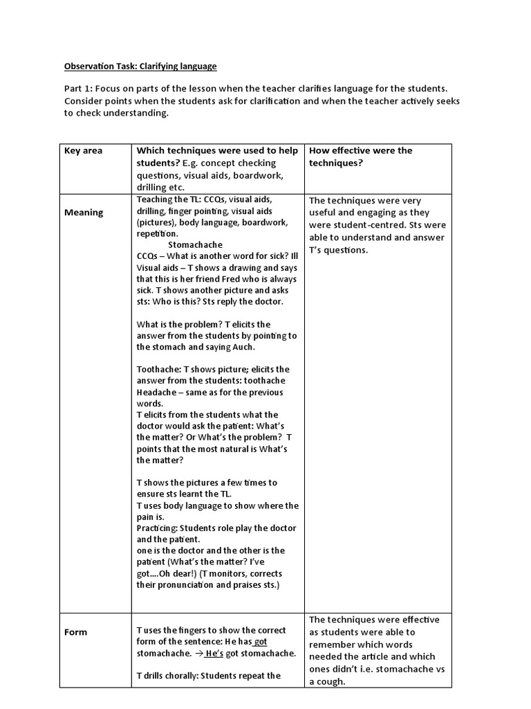 Clarifying Language - Celta Observation Task | PDF | Neuropsychological ...