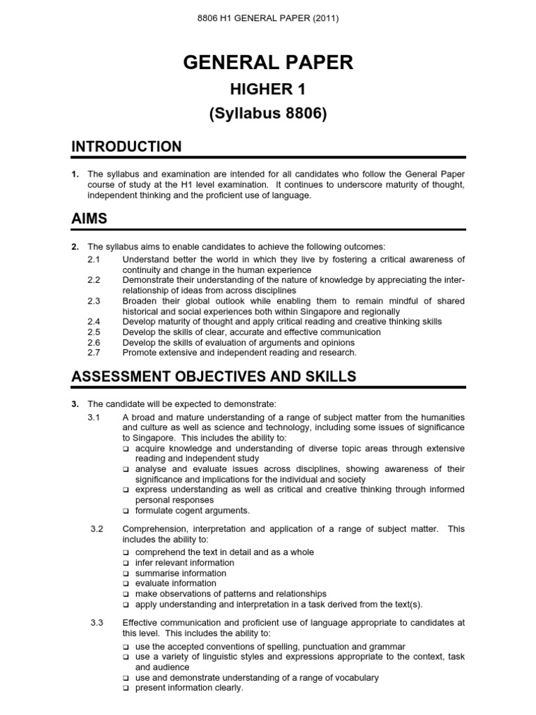 SEAB 8806 - 2011 H1 GP Syllabus | PDF | Reading Comprehension | Cognitive Science
