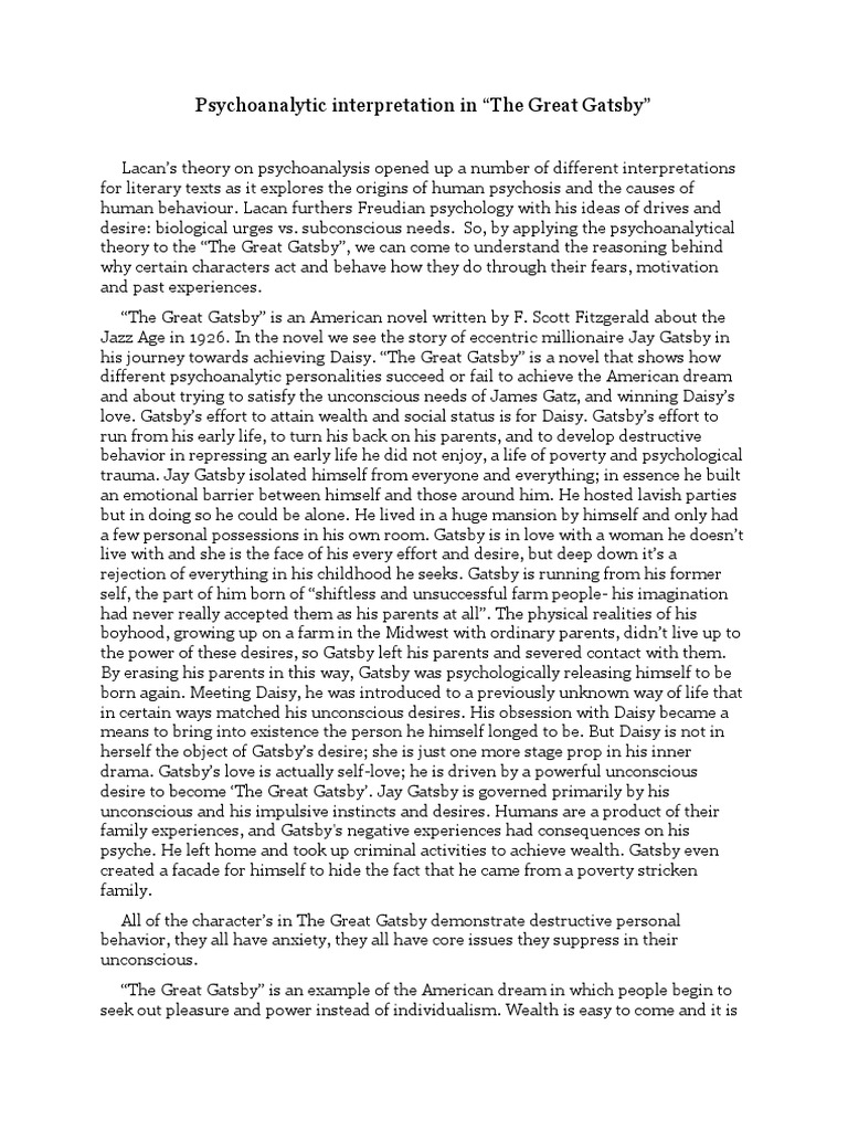 Psychoanalytic Interpretation in "The Great Gatsby" | PDF | The Great ...