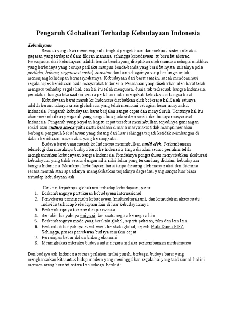Pengaruh Globalisasi Terhadap Kebudayaan | PDF