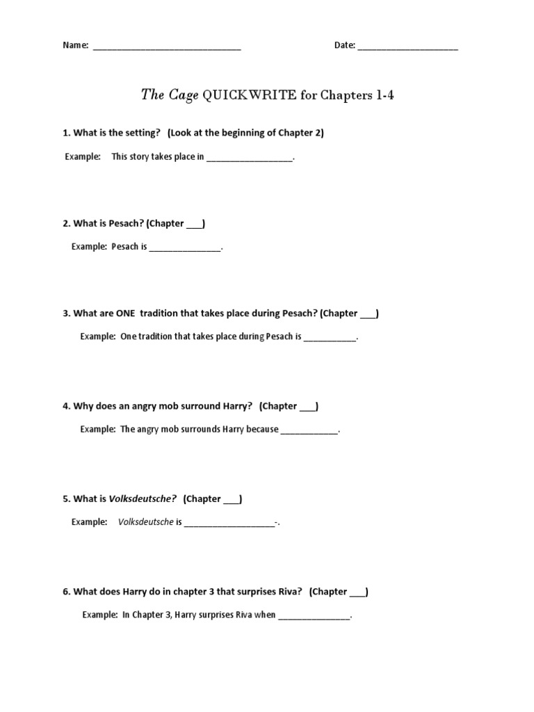 The Cage by Ruth Minsky Sender QUICKWRITE 1 - Chapters 1-4 | PDF