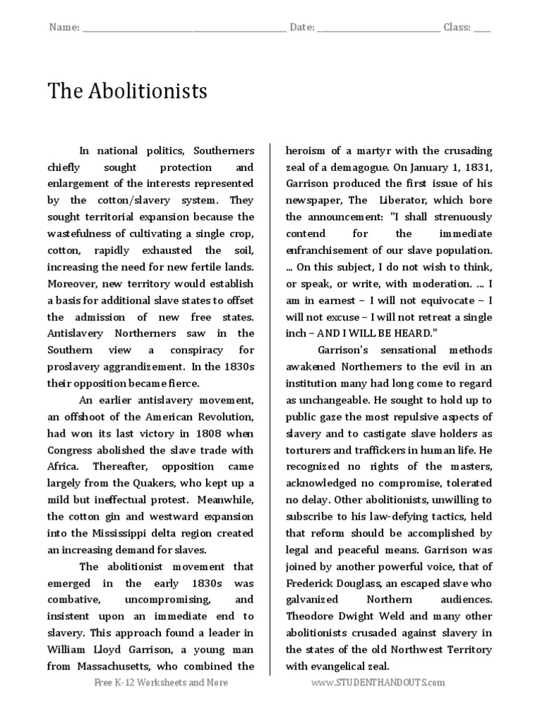 Abolitionist Movement Reading and Questions | PDF | Abolitionism In The ...