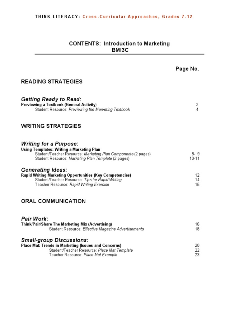 CONTENTS: Introduction To Marketing Bmi3C: Getting Ready To Read | PDF ...