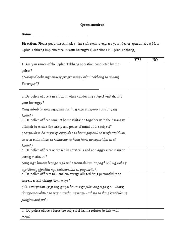 Questionnairesthesis With Bisaya | PDF