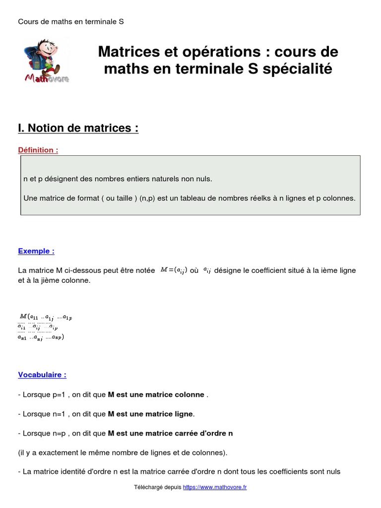 Matrices Et Operations Cours de Maths en Terminale S Specialite | PDF